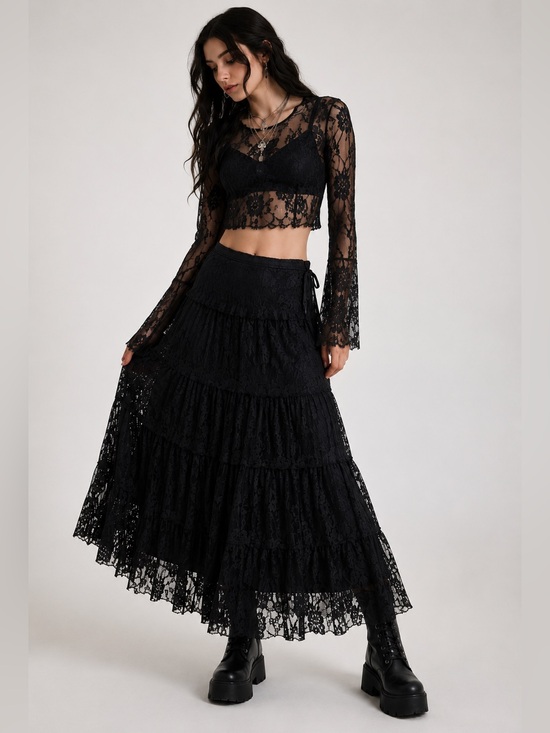 Solitaire | Skirts | Solitaire Black Lace Tiered Maxi Skirt Y2k Vntg ...